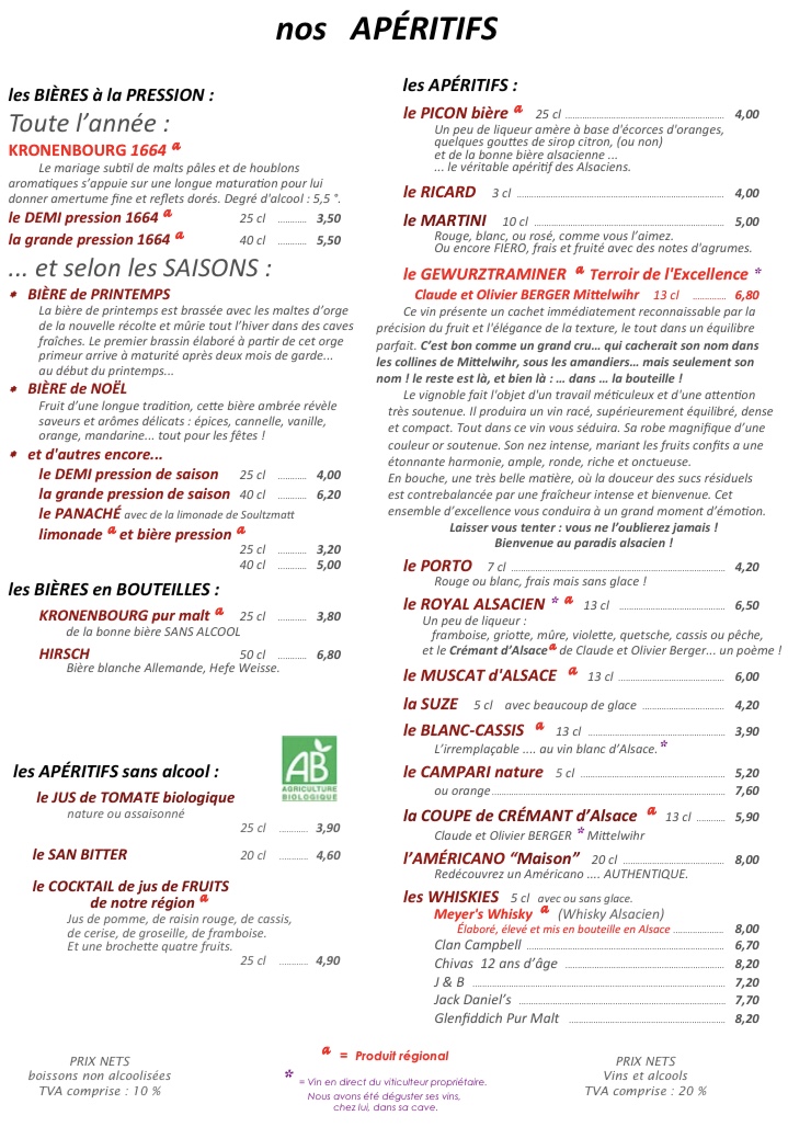Restaurant Au Boeuf - Soufflenheim - Notre carte
